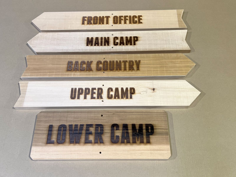 laser engraved way finding signs on cedar • Laser Alliance LLC